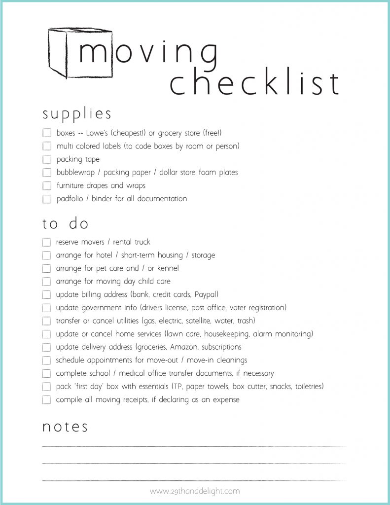 Free Printable Moving Packing Checklist